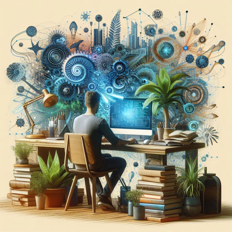 A Man at a Desk Immersed in a Complex, Vibrant Digital Ecosystem Stock ...