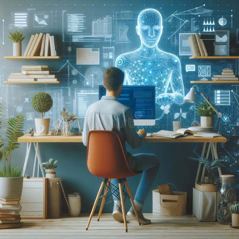 A Man at a Desk Immersed in a Complex, Vibrant Digital Ecosystem Stock ...