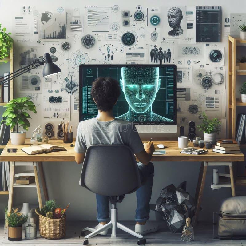 A Man at a Desk Immersed in a Complex, Vibrant Digital Ecosystem Stock ...
