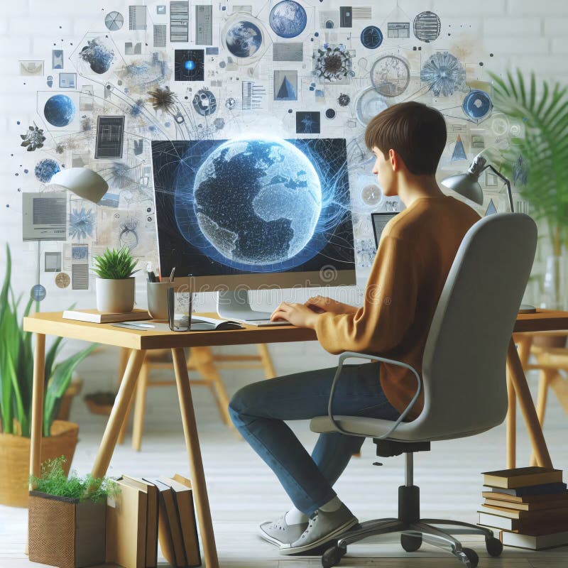 A Man at a Desk Immersed in a Complex, Vibrant Digital Ecosystem Stock ...