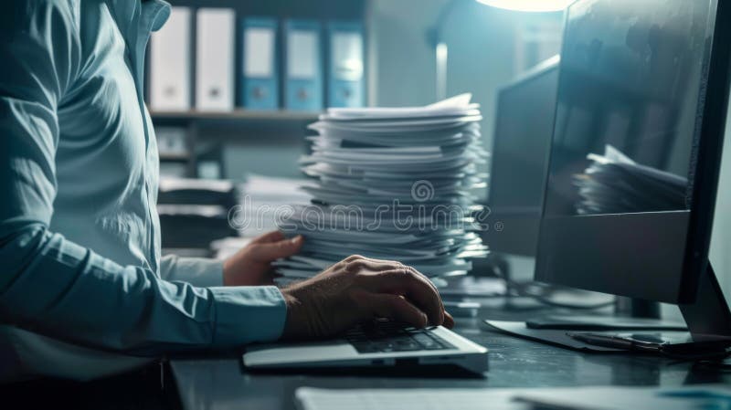 A Man at a Desk with Papers Flying Out from the Computer Screen into ...