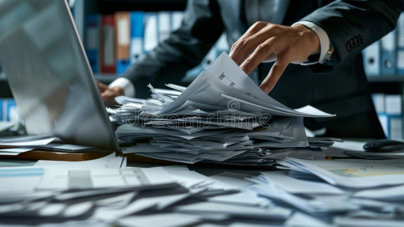 A Man at a Desk with Papers Flying Out from the Computer Screen into ...