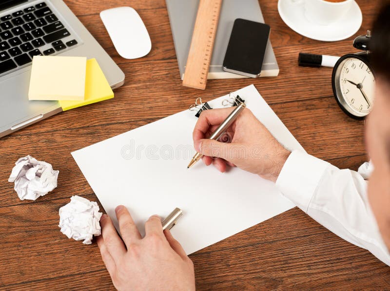 Man at desk writing stock image. Image of objects, creativity - 113646529