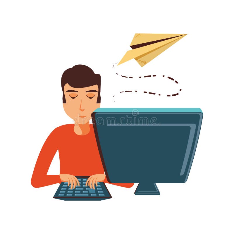 Man with Desktop Computer and Airplane Paper Stock Vector ...