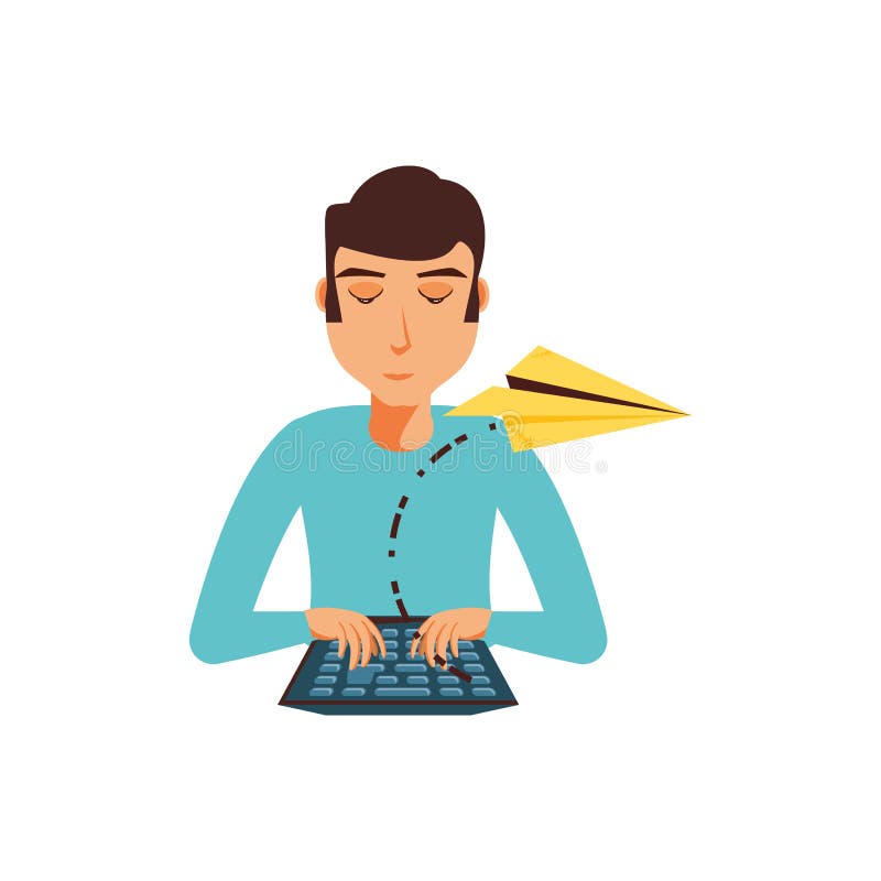 Man with Desktop Computer and Airplane Paper Stock Vector ...