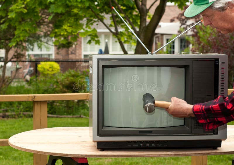 Man Destroying Old Television Stock Image - Image of shirt, television ...