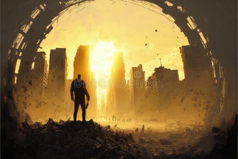 Man in Devastated Metropolis Observing Enigmatic Circle on Earth in ...