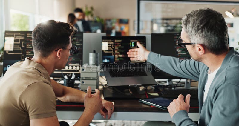 Man Developer And Coding Teamwork On Computer Screen In Office For