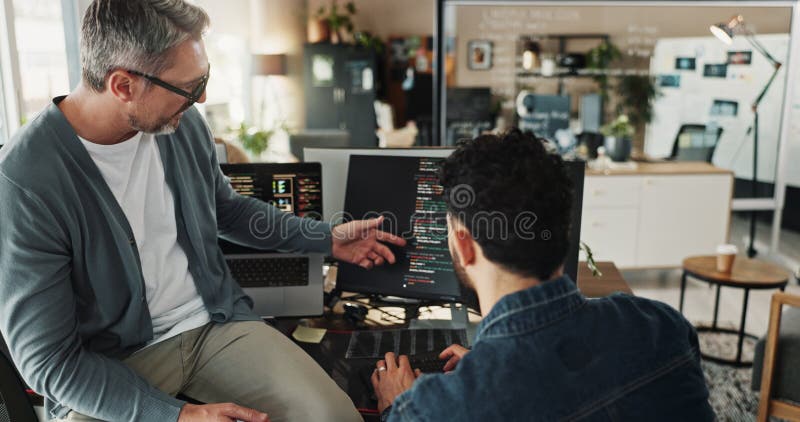 Man Developer And Coding Training On Computer Screen In Office For Testing Web Application And