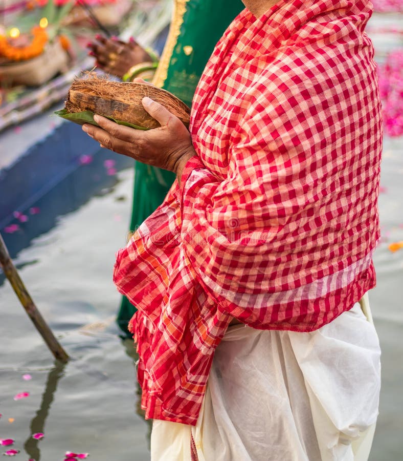 Man Devotee with Religious Offerings for Sun God during Chhath Festival ...