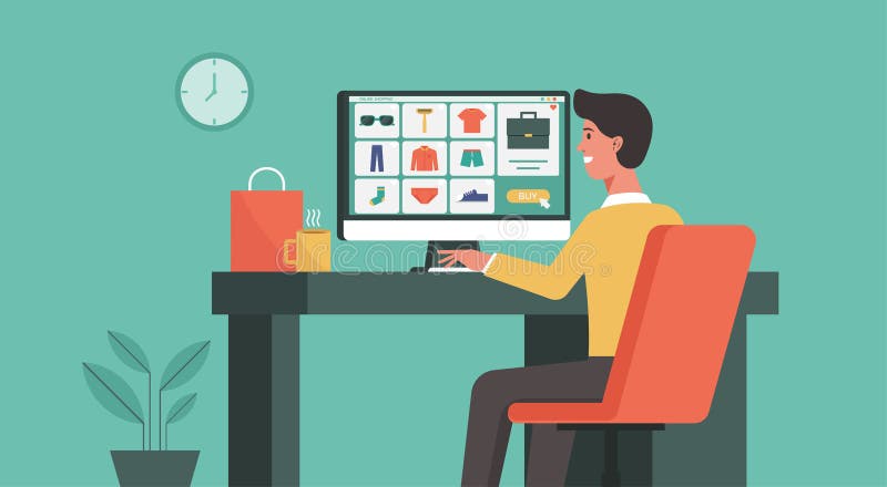 Man Die Computer Gebruikt Om Thuis Online Te Winkelen Vector ... Man Die Computer Gebruikt Om Thuis Online Te Winkelen Vector ...