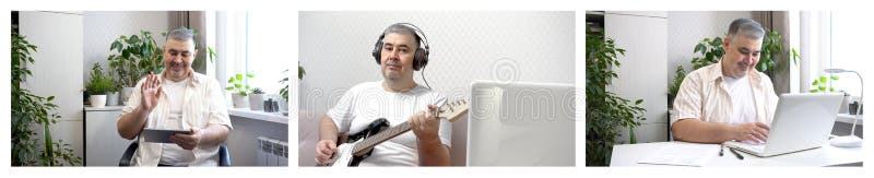 Man in Different Poses at Home. Talking on Video Call, Playing Guitar ...