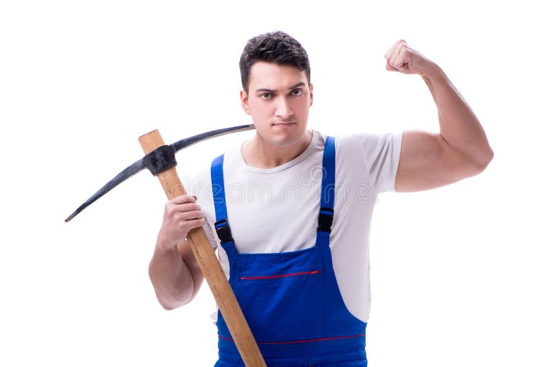The Man with a Digging Axe Hoe on White Background Isolated Stock Image ...