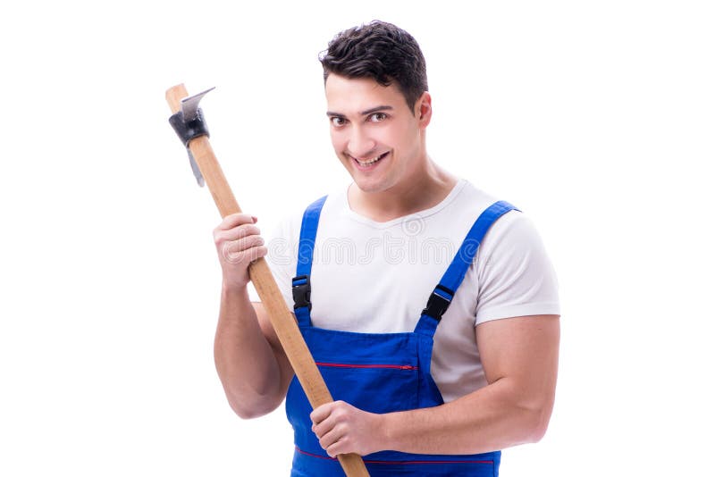 The Man with a Digging Axe Hoe on White Background Isolated Stock Image ...