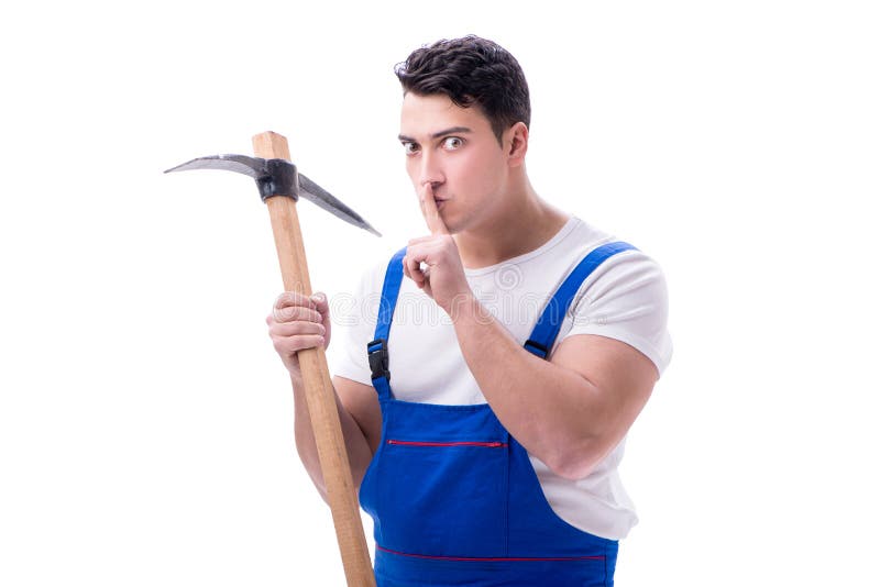 The Man with a Digging Axe Hoe on White Background Isolated Stock Image ...
