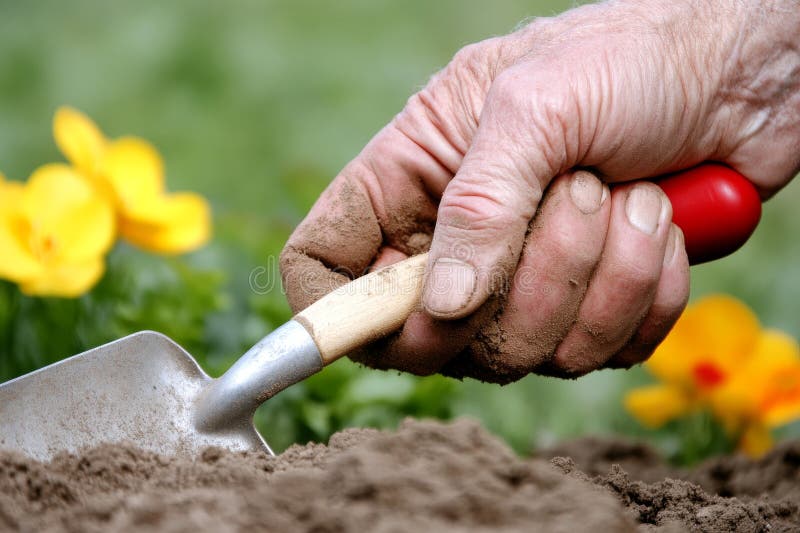 Man Digging Garden Soil with a Spud Stock Photo - Image of shovel, hand ...