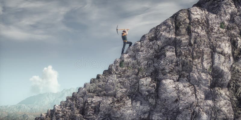 A Man Digging a Ladder into a Mountain with a Pickaxe Stock ...
