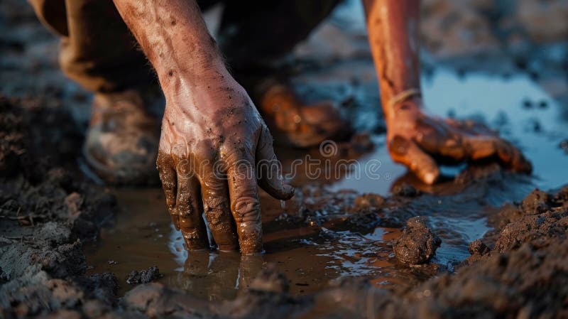 A Man is Digging in the Mud with His Hands, AI Stock Image - Image of ...