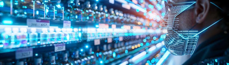 Man with Digital Face Mask Looking at Glowing Data Servers ...