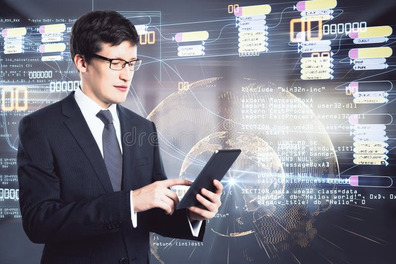 Man with Digital Tablet in Hand on the Background of Abstract ...