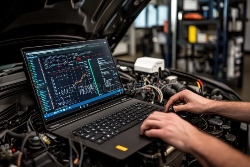 A Man is Working on a Laptop in a Garage beside a Car Stock Photo ...