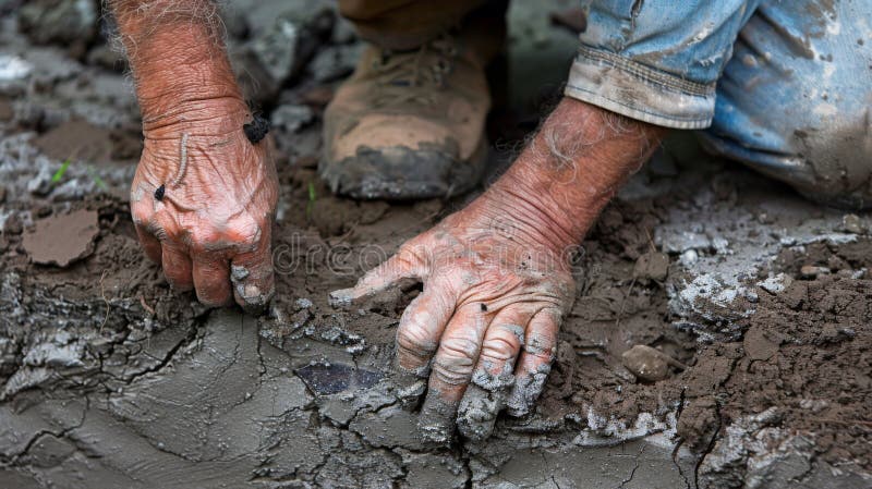 A Man with Dirty Hands Digging in the Dirt and Mud, AI Stock Image ...