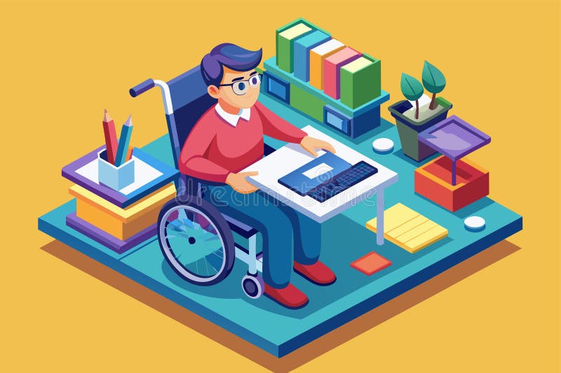 A Man with Disabilities is Sitting in a Wheelchair and Using a Computer ...