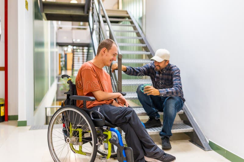 Man with Disability Talking with Colleague in Coworking Coffee Break ...