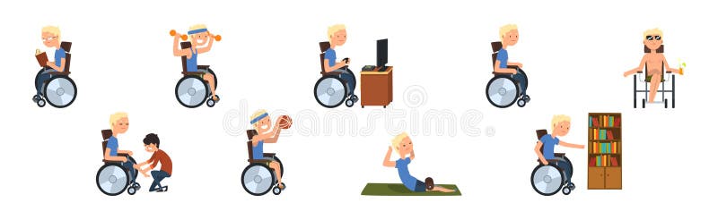 Man with Disability in Wheelchair Engaged in Different Activity Vector ...