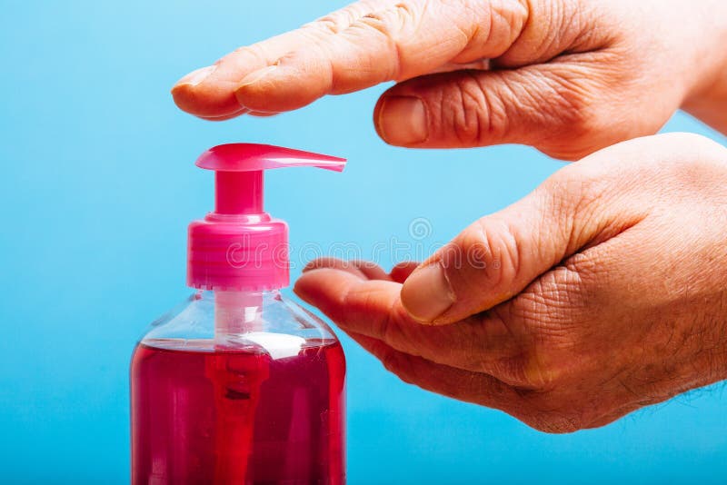 Man Disinfecting Hands with Red Soap Stock Image - Image of virus, blue ...