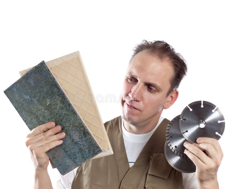The Man and Disk for the Tool .Portrait on a White Background Stock ...