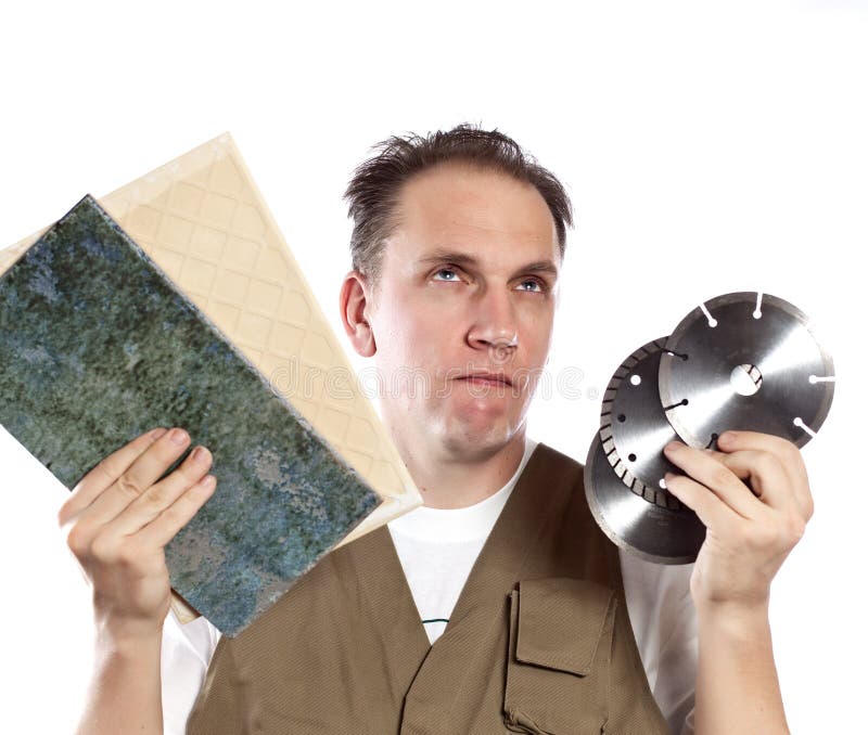 The Man and Disk for the Tool on a White Background Stock Photo - Image ...
