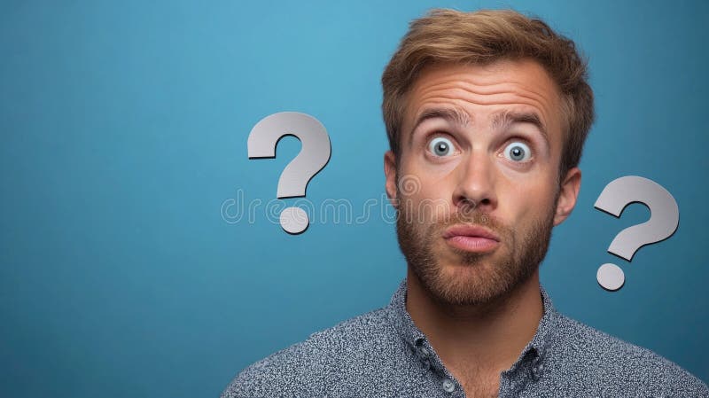 A Man Displays a Puzzled Expression, Surrounded by Question Marks on a ...