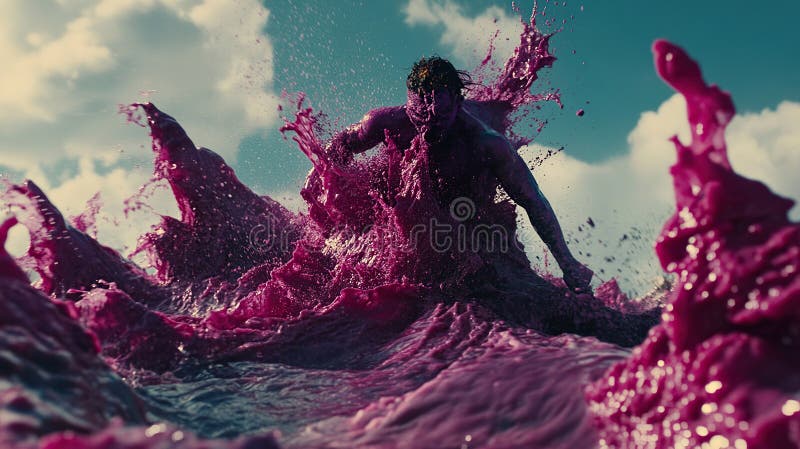 Man Dives into Purple Wave, Sky Background, Vibrant Ad Stock Image ...
