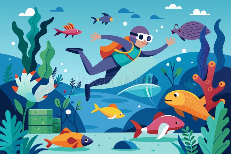 A Man Dives Underwater in the Ocean, Surrounded by a School of Fish ...