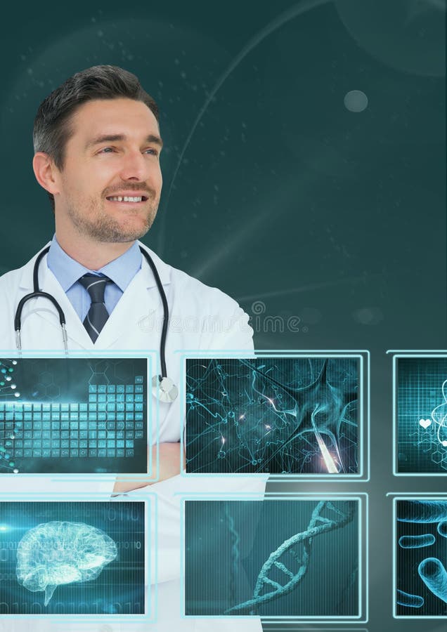 Man Doctor Smiling with Medical Interfaces Stock Photo - Image of flash ...