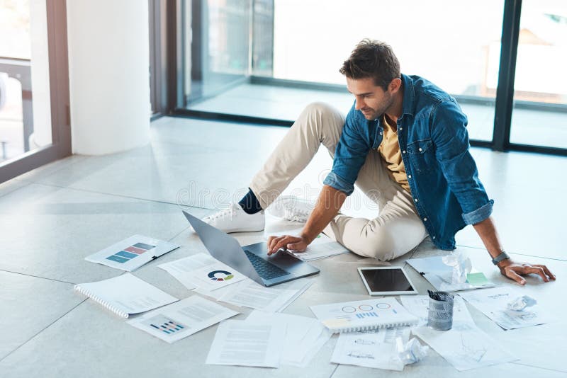 Man, Documents and Laptop on Floor in Office for Research, Information ...