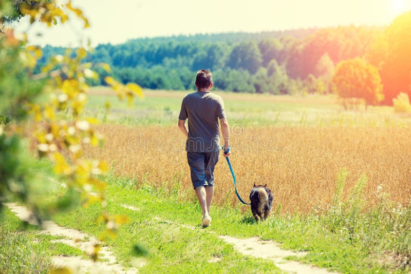 A Man with a Dog on a Leash Runs Along the Road Stock Image - Image of ...