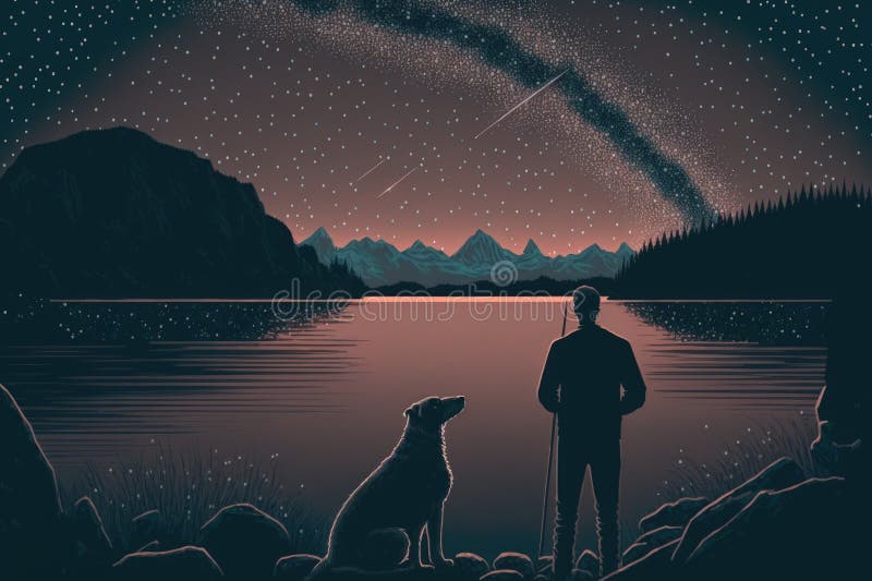 Man with Dog Looking at Perseid Meteor Shower at Lake Bled Stock ...