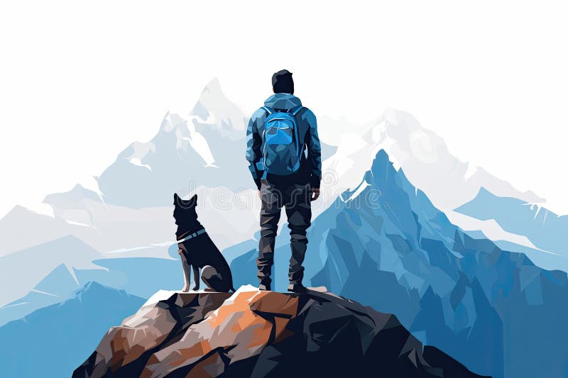 Man and Dog Stand on a Cliff with Mountain View AI Generated Stock ...