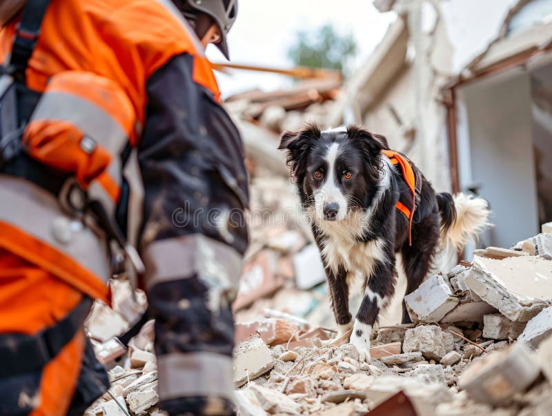 A Man and a Dog are Walking through Rubble Stock Illustration ...