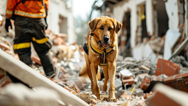 A Man and a Dog are Walking through Rubble Stock Illustration ...