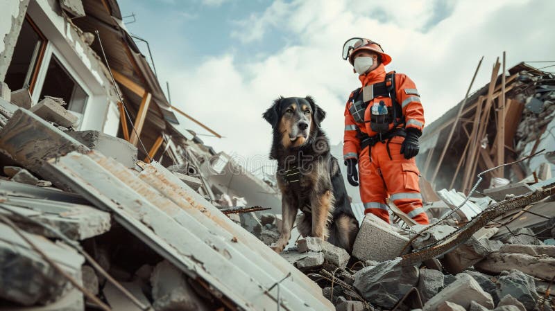 A Man and a Dog are Walking through Rubble Stock Illustration ...