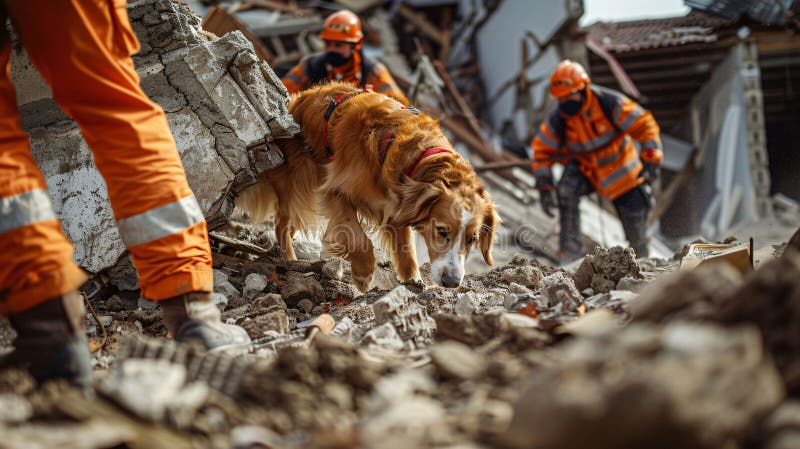 A Man and a Dog are Walking through Rubble Stock Illustration ...