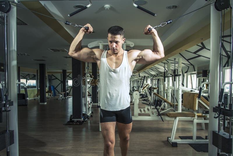 Man Doing Cable Fly Exercise in Gym Stock Image - Image of adult ...
