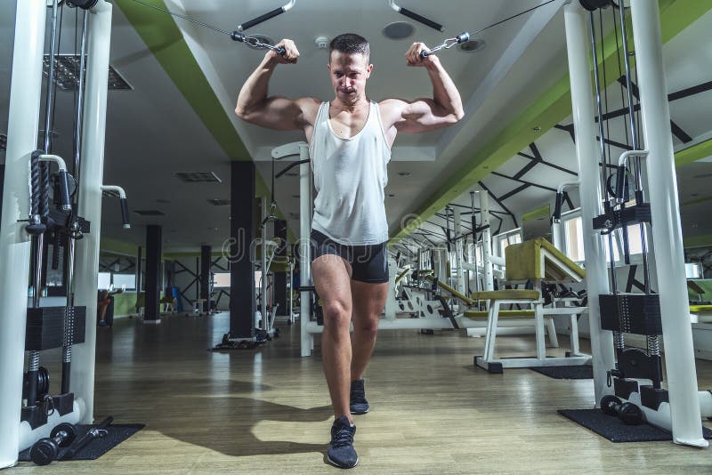 Man Doing Cable Fly Exercise in Gym Stock Image - Image of male ...