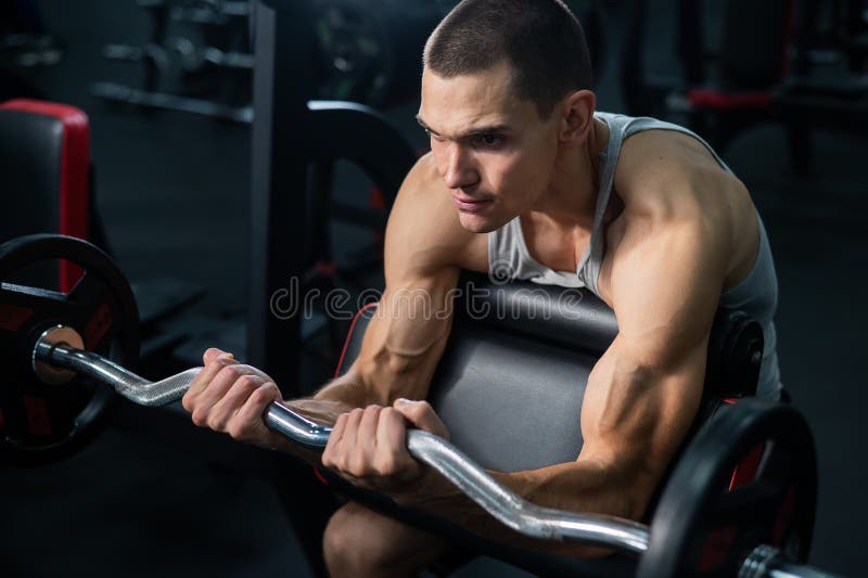 Man Doing EZ Barbell Bicep Exercises on Scott Bench. Stock Photo ...