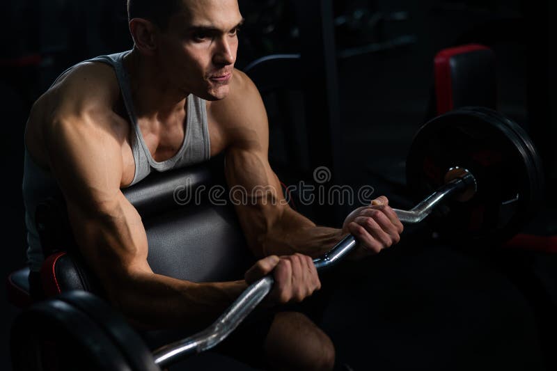 Man Doing EZ Barbell Bicep Exercises on Scott Bench. Stock Image ...