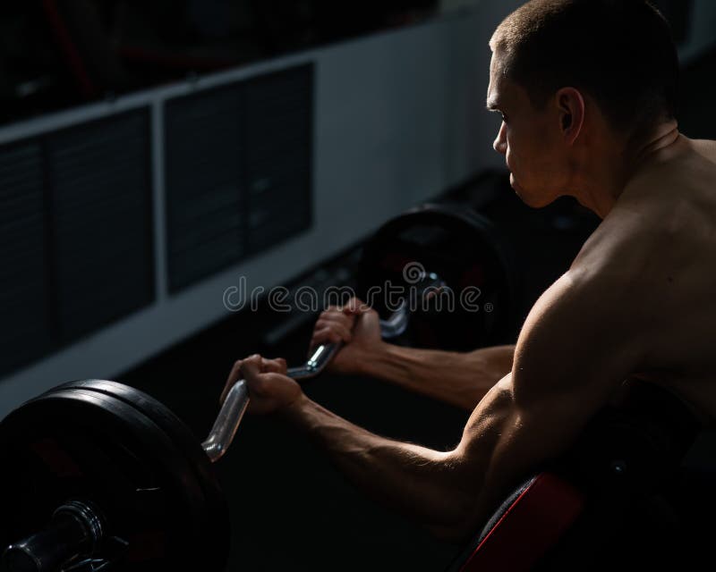 Man Doing EZ Barbell Bicep Exercises on Scott Bench. Stock Photo ...