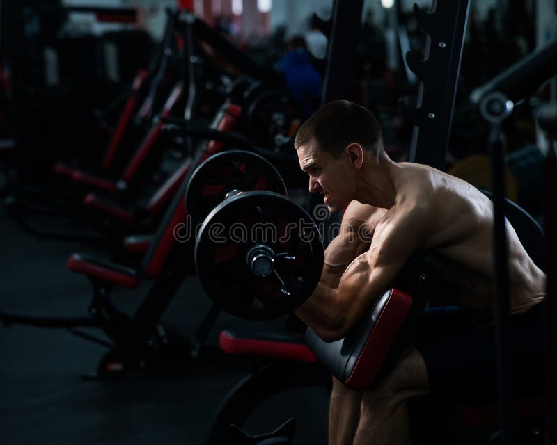 Man Doing EZ Barbell Bicep Exercises on Scott Bench. Stock Image ...